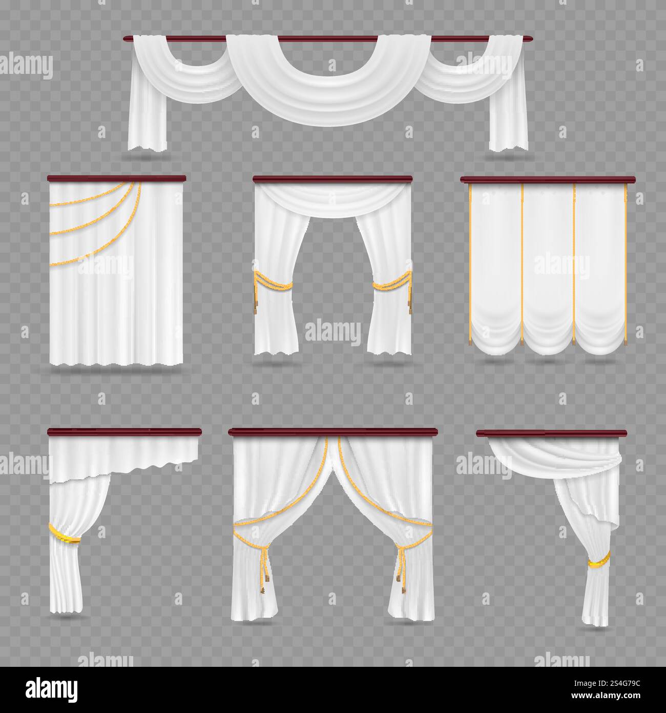 White curtains drapery for wedding room and windows isolated on ...