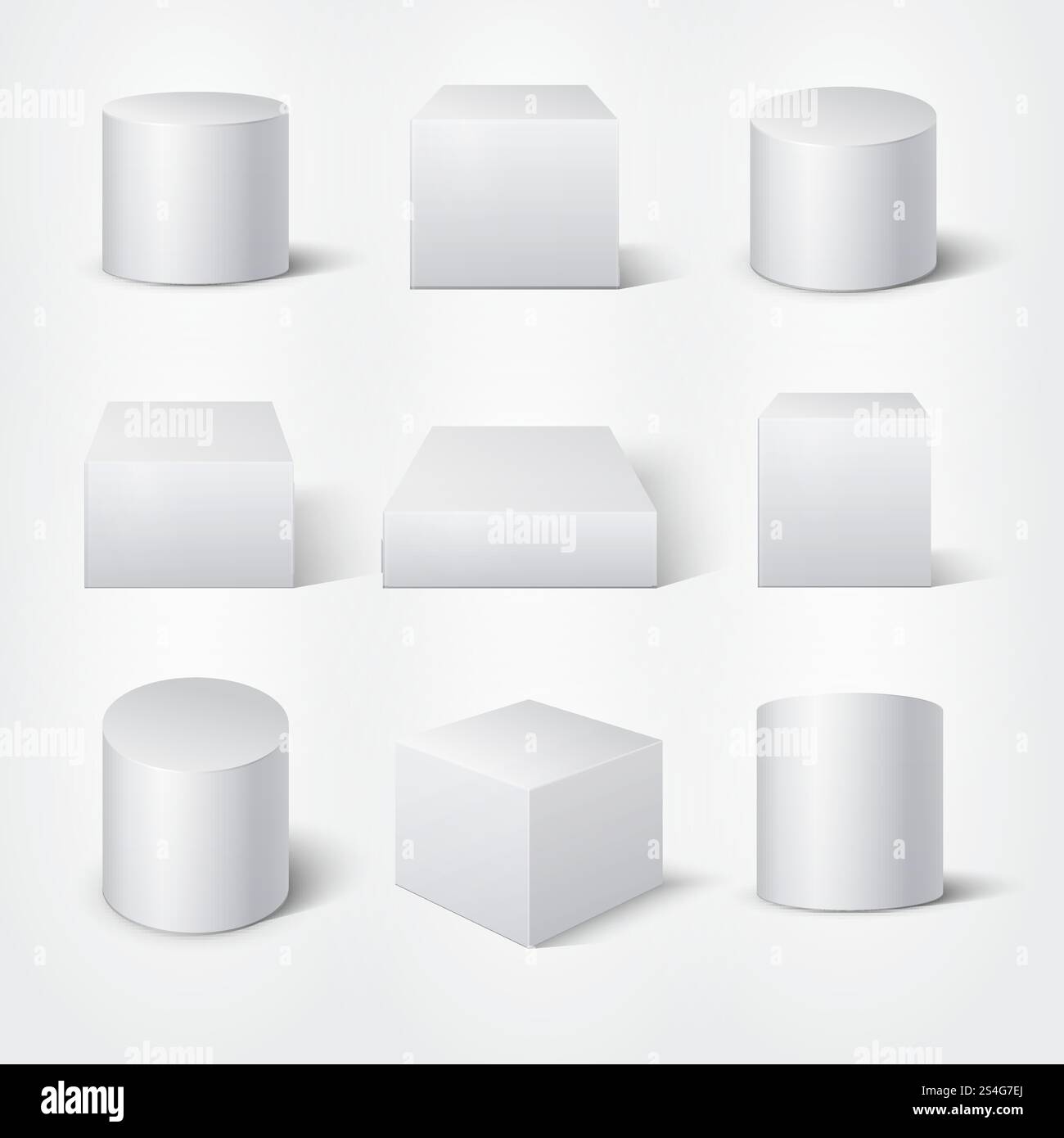 White empty 3D cylinders and cubes. Vector product podiums template ...