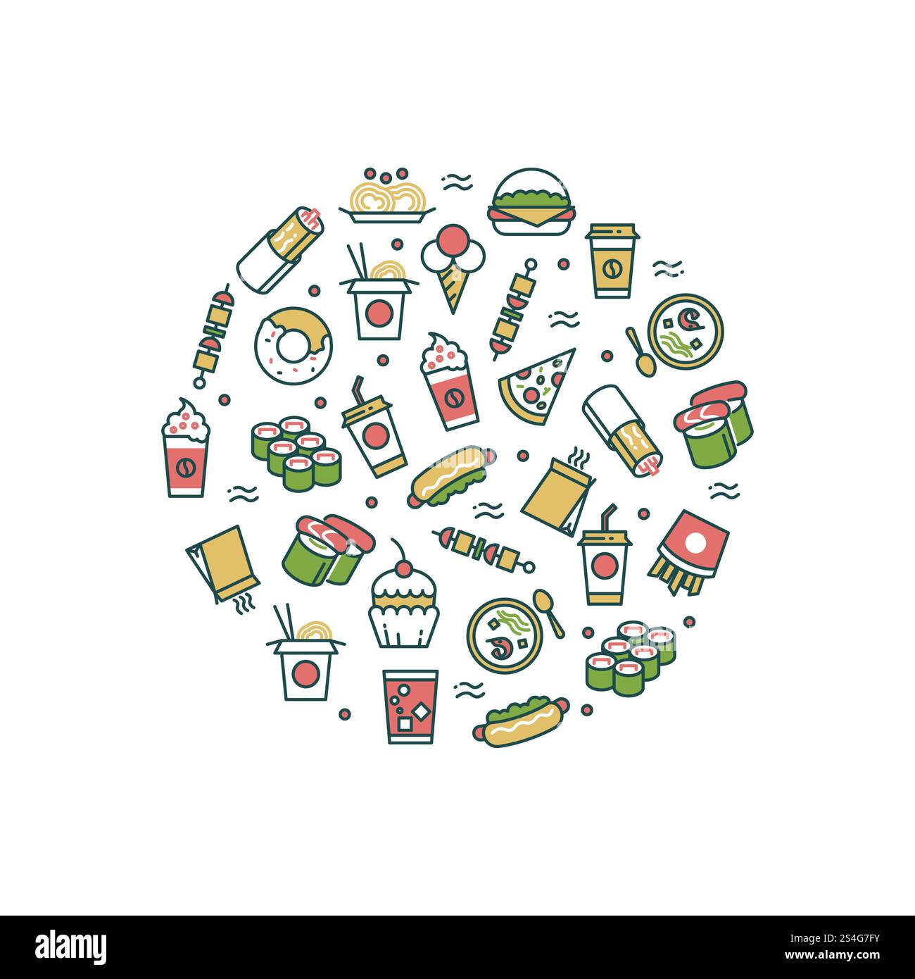 Asian fast food line icons in round form concept. Vector illustration ...