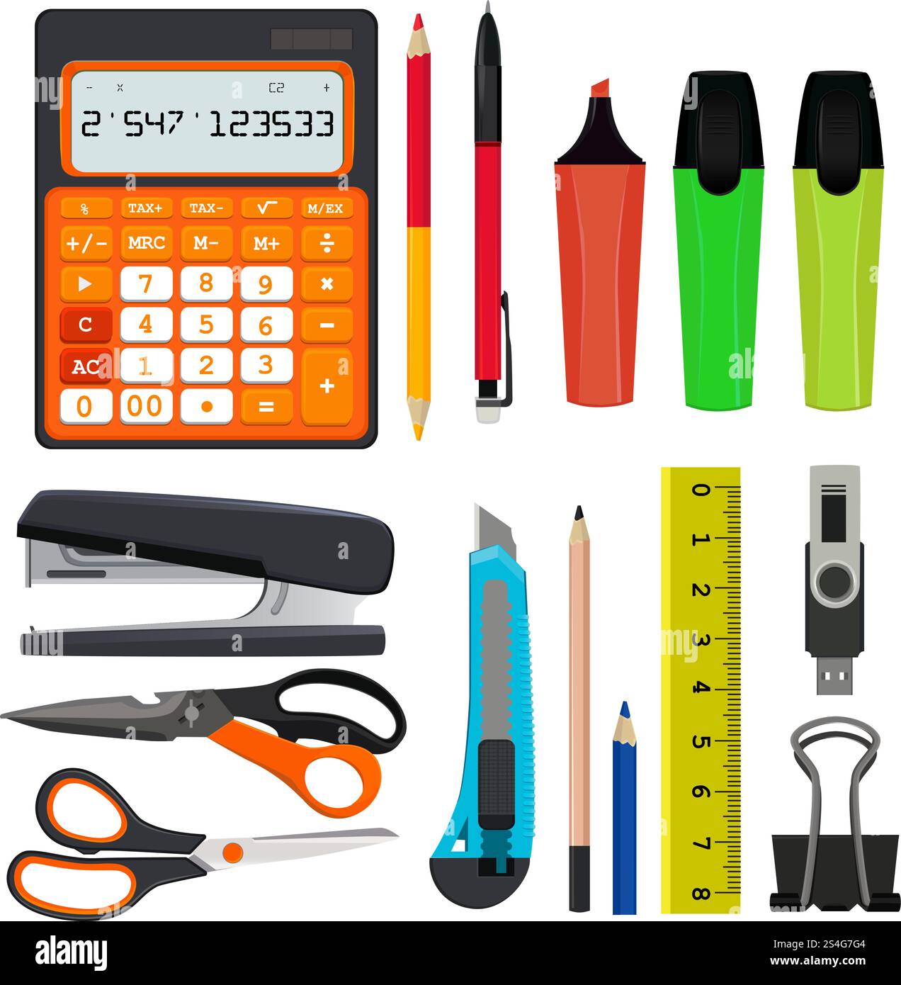 Pencils pens and other different office stationery vector illustrations ...