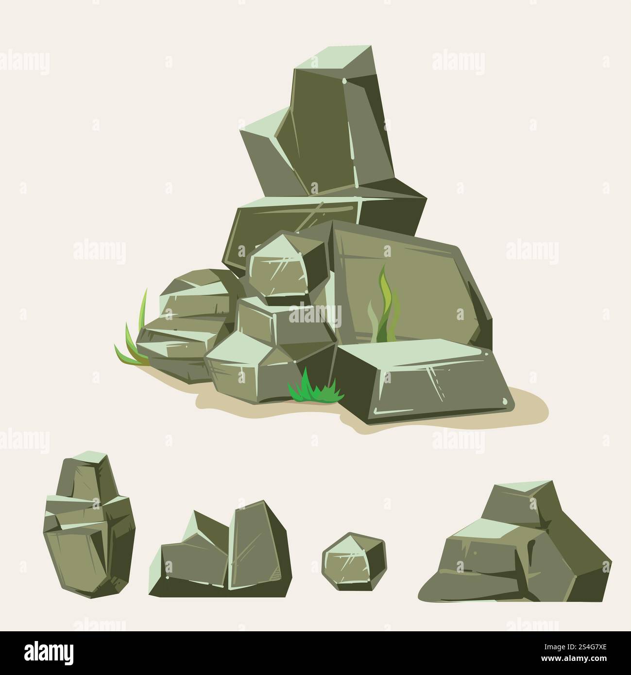 Set of jungle rocks.Rock stone with grass. Cartoon isometric 3d flat ...