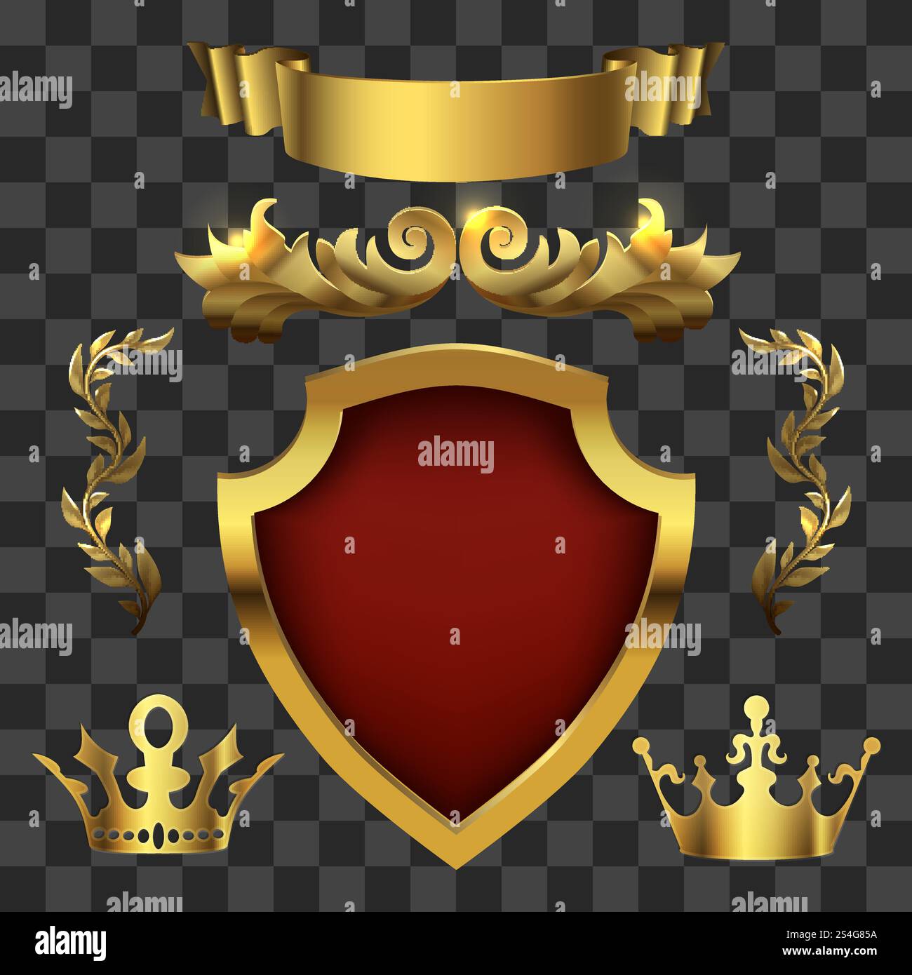 Golden heraldic elements. Kings crowns, banners isolated on transparent ...