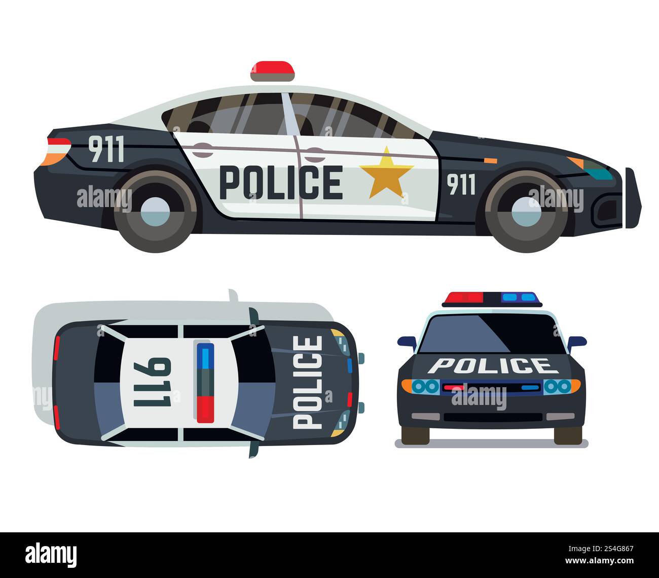 Vector flat-style cars in different views. Police car security vehicle ...