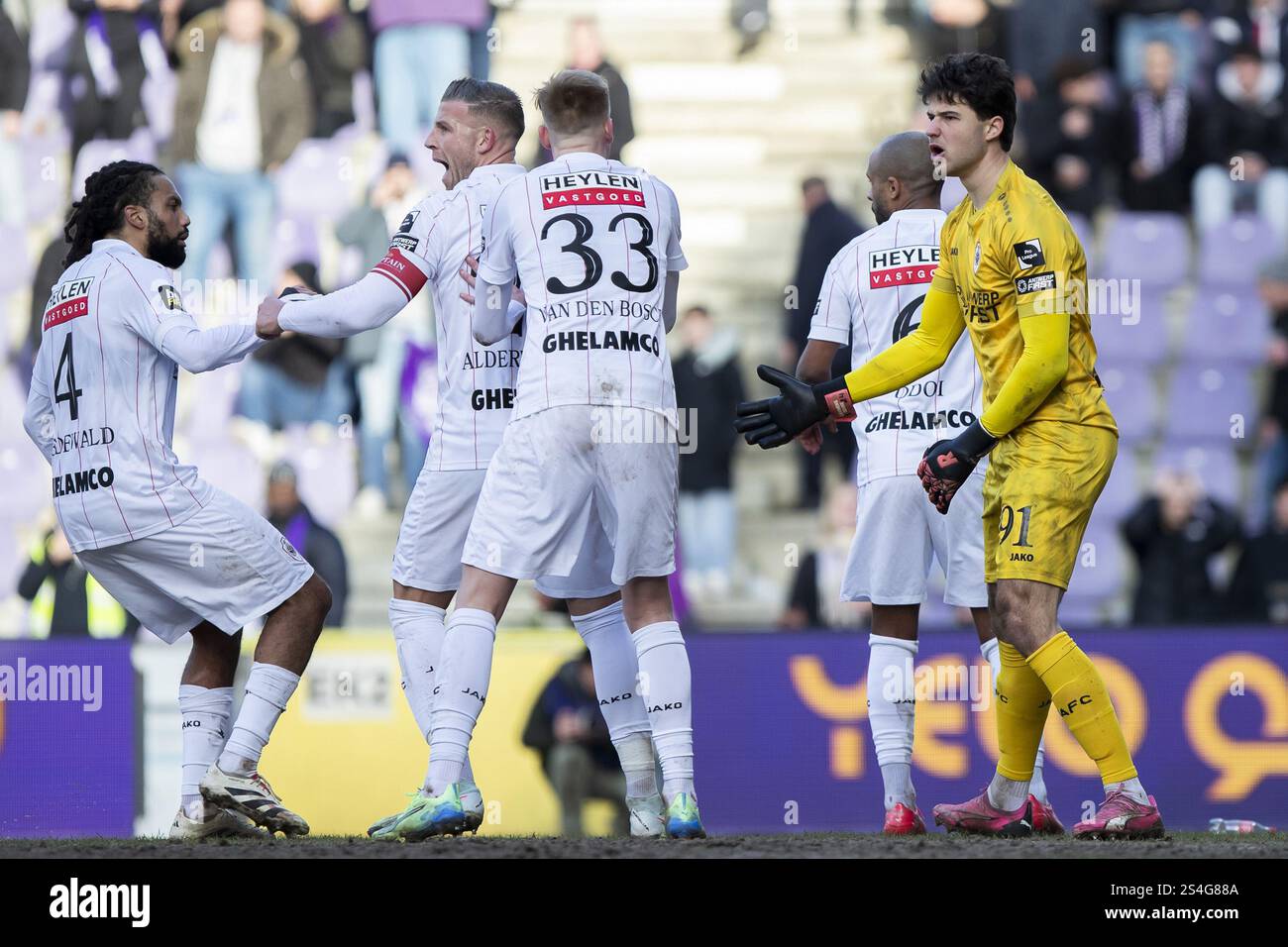 Antwerp, Belgium. 12th Jan, 2025. Antwerp's Toby Alderweireld, Antwerp's Zeno Van Den Bosch and ...