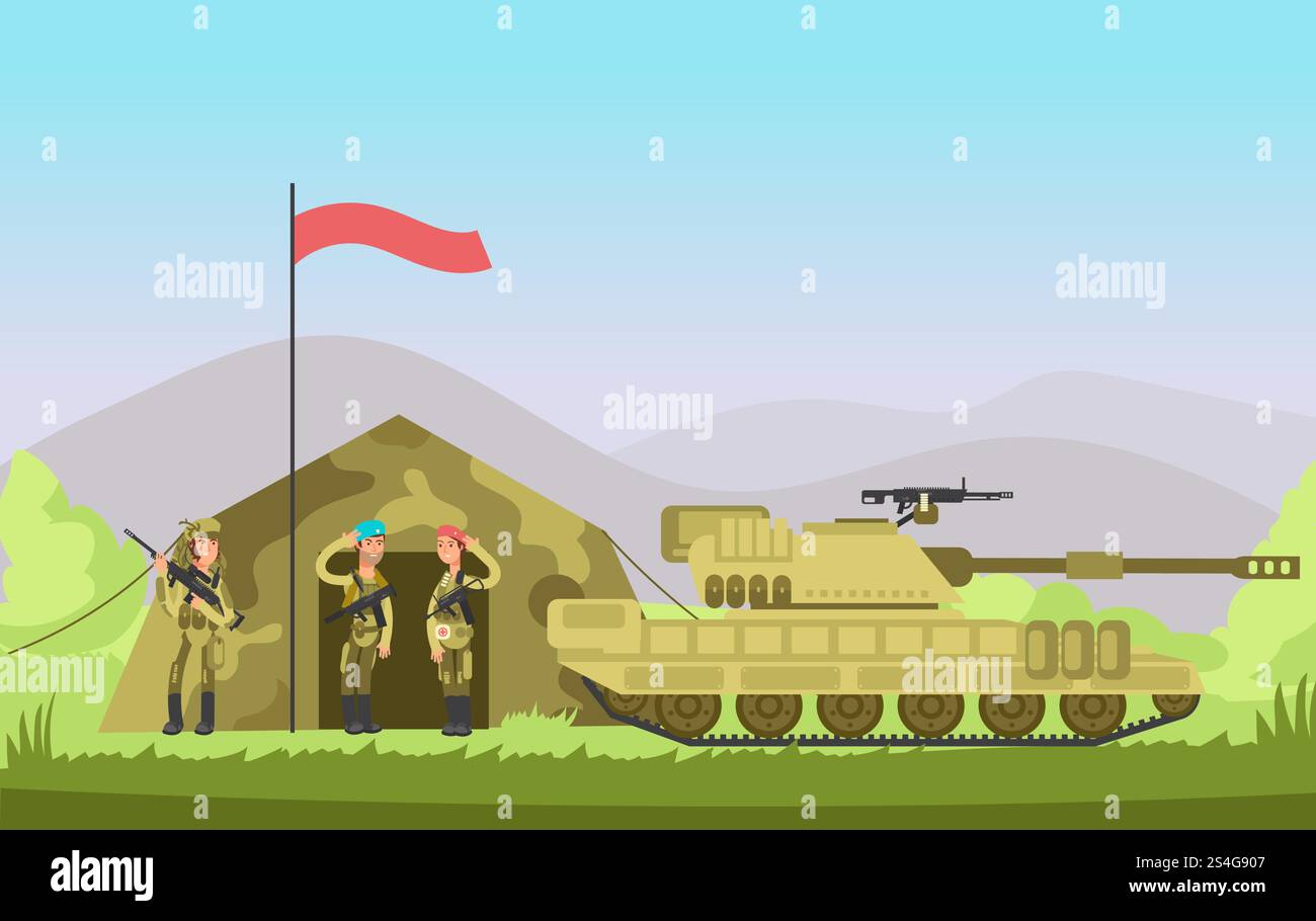 Us army soldier with gun in uniform. Cartoon combat. Military vector ...