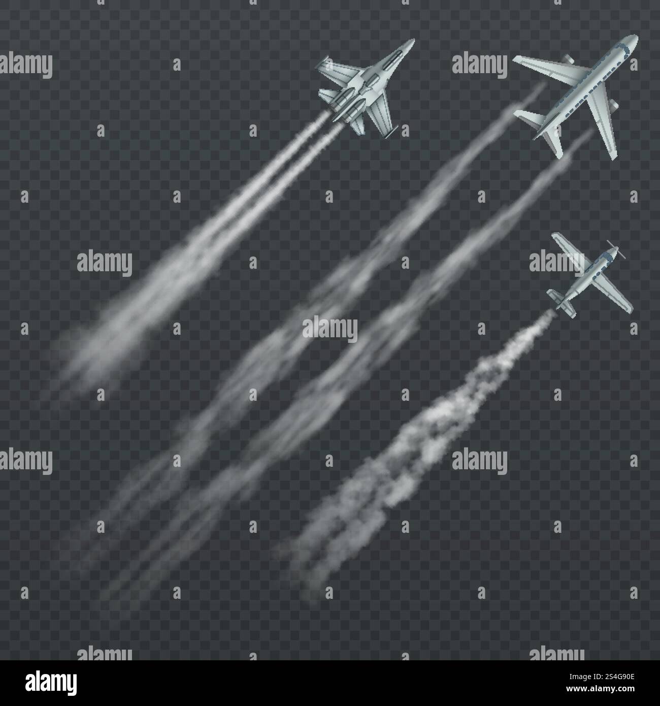 Airplanes and military fighters with condensation smoky trail isolated ...