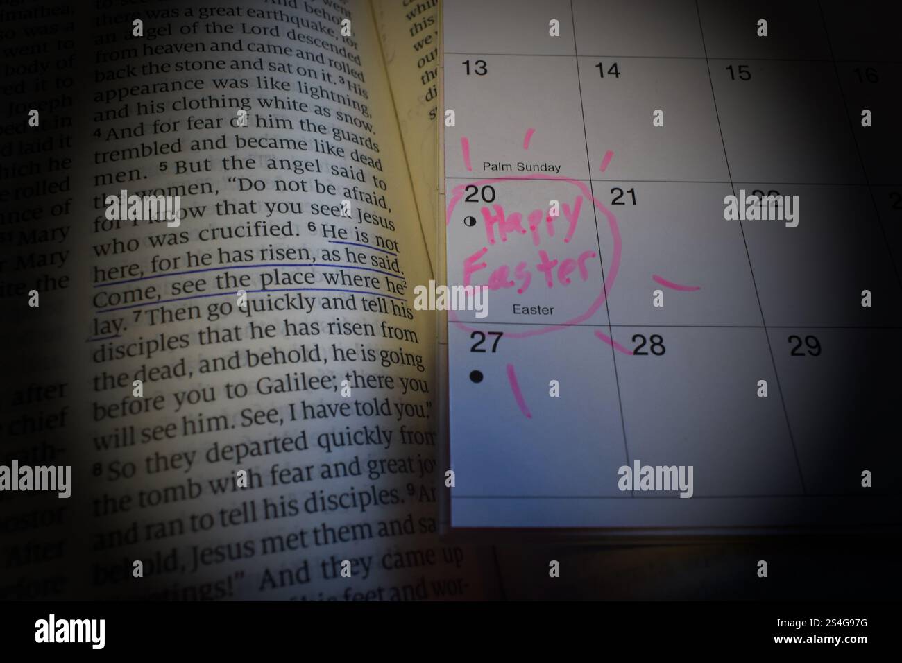 Bible opened to Matt. 28:6 with a calendar with Easter circled and ...