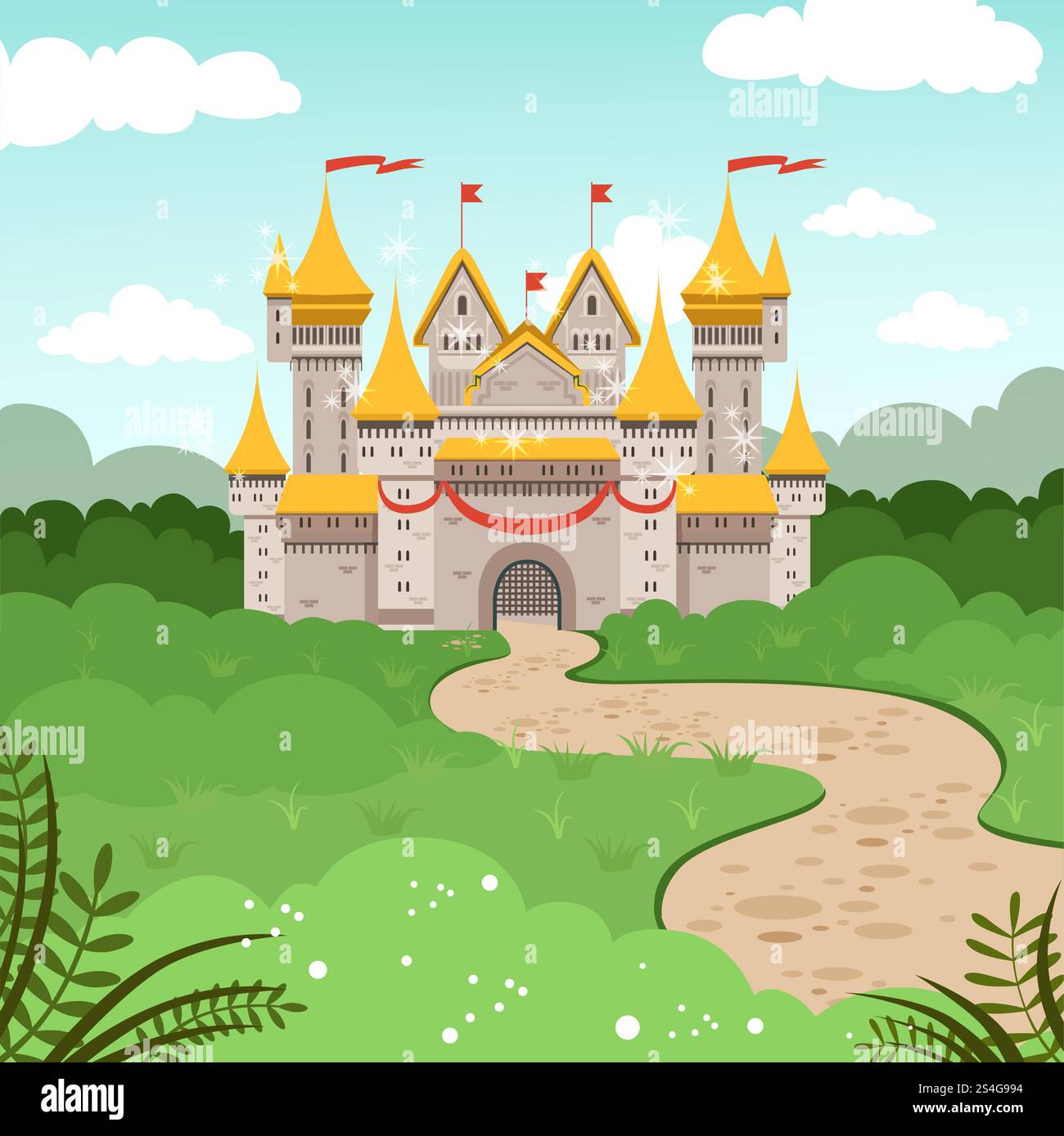 Fantasy landscape with fairytale castle. Vector illustration in cartoon ...