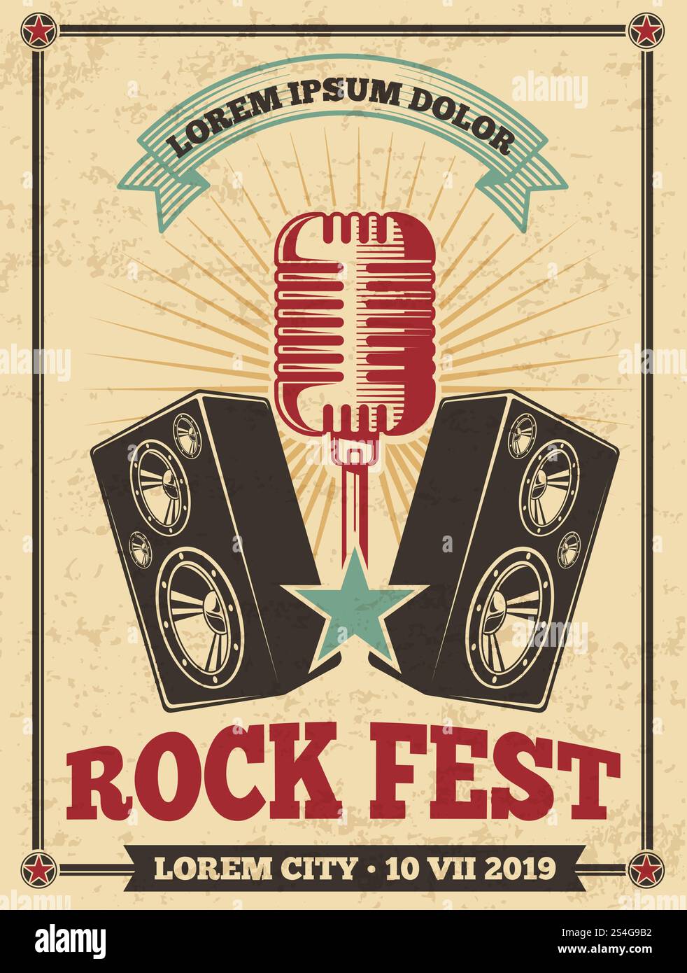 Rock festival vintage vector poster. Rock and roll concert retro ...