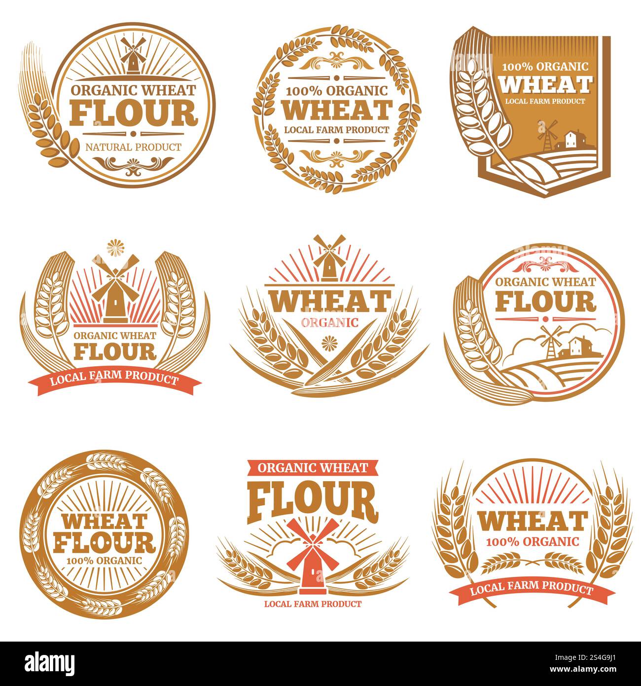 Organic wheat flour, farming grain products vector labels and logos ...