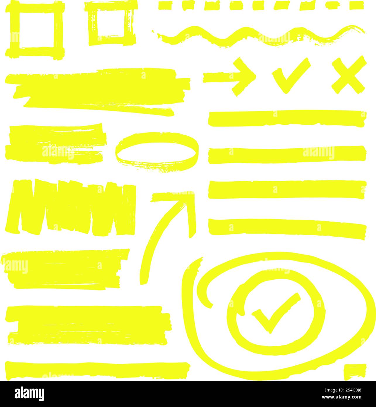 Yellow highlighter lines, arrows and frame boxes with grunge texture ...