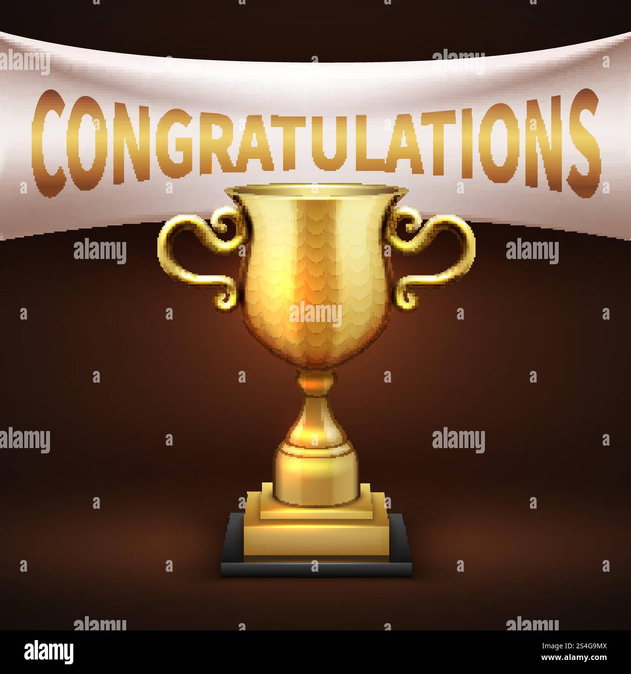 Golden luxury trophy cup with white textile banner and congratulations ...