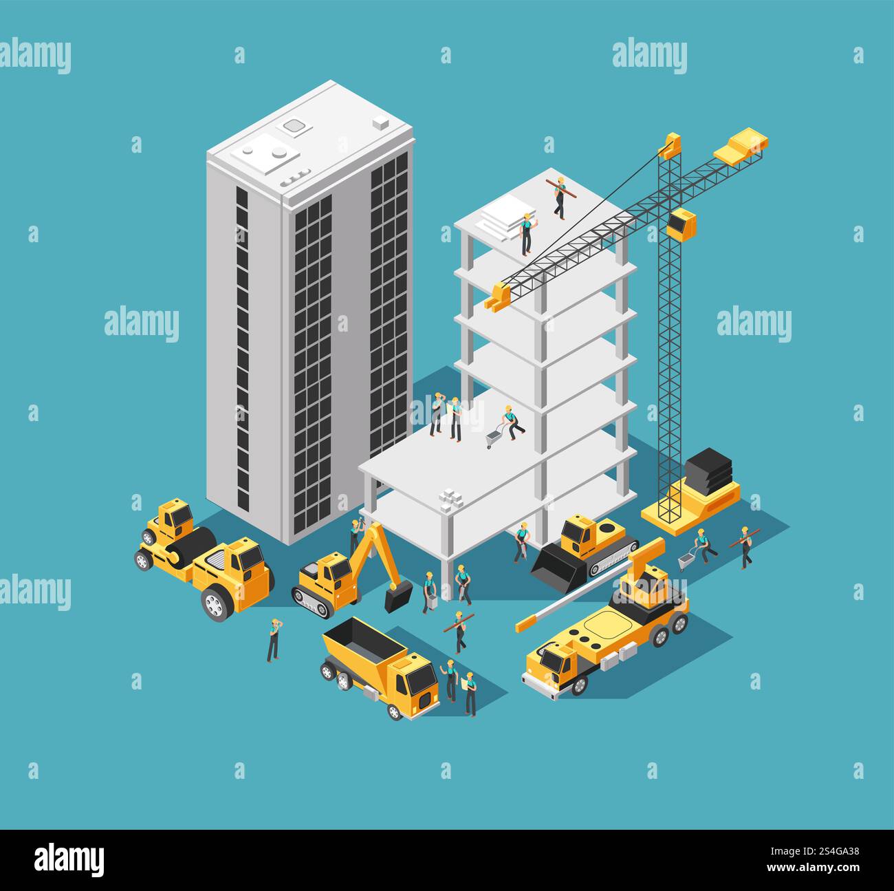 Building construction vector 3d isometric concept with builders and ...