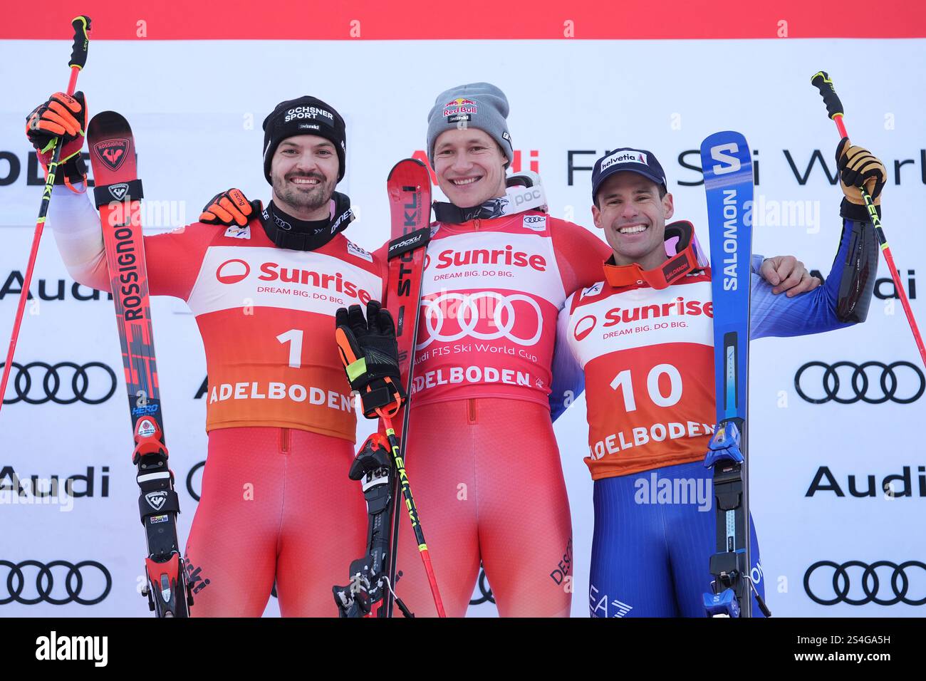 From left, second placed Switzerland's Loic Meillard, the winner ...