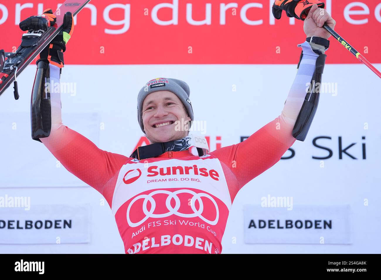 The winner Switzerland's Marco Odermatt celebrates after an alpine ski ...