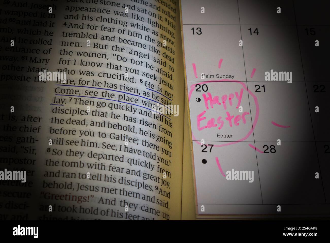 Bible opened to Matt. 28:6 with a calendar with Easter circled and ...