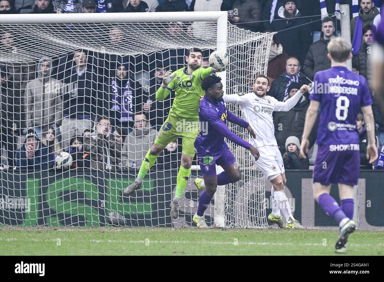 Beerschot's goalkeeper Nick Shinton, Beerschot's Loic Mbe Soh and ...