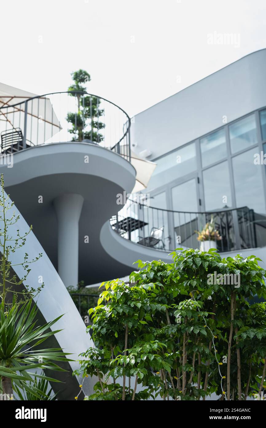 Modern terrace with plants, cafe lounge terrace. Detail of complex of ...