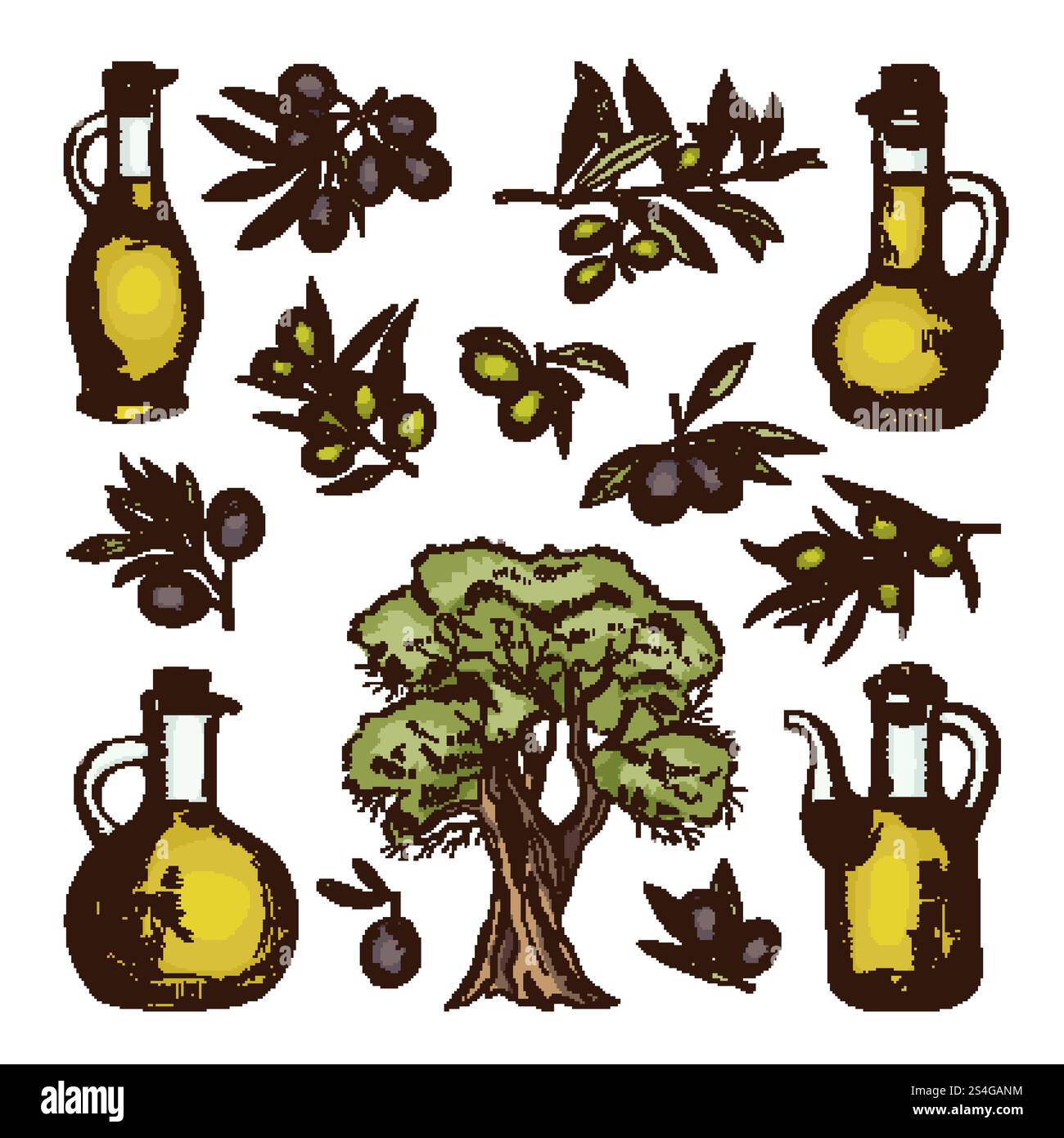 Colored illustrations of different olive products and ingredients ...