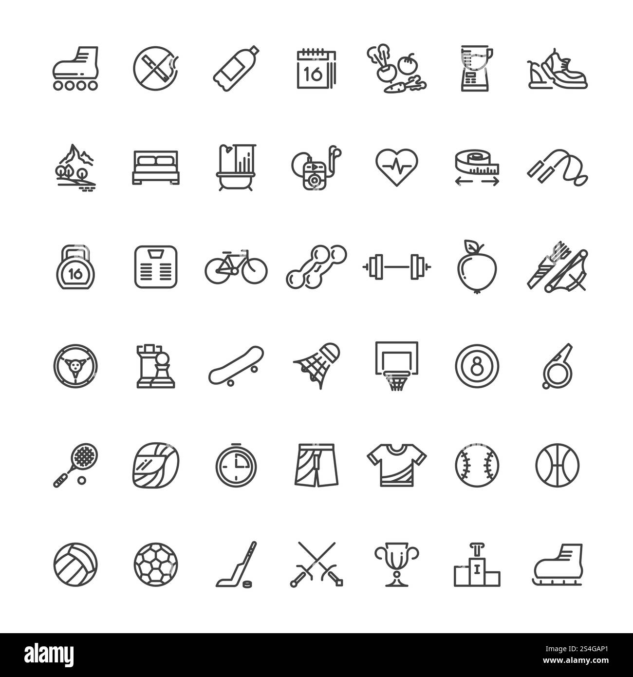 Sports fitness outline symbols. Sports equipment thin line vector icons ...