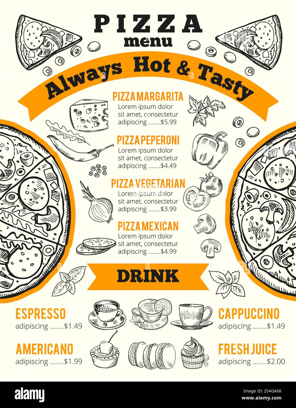 Design template for pizzeria menu. Vector monochrome illustration ...