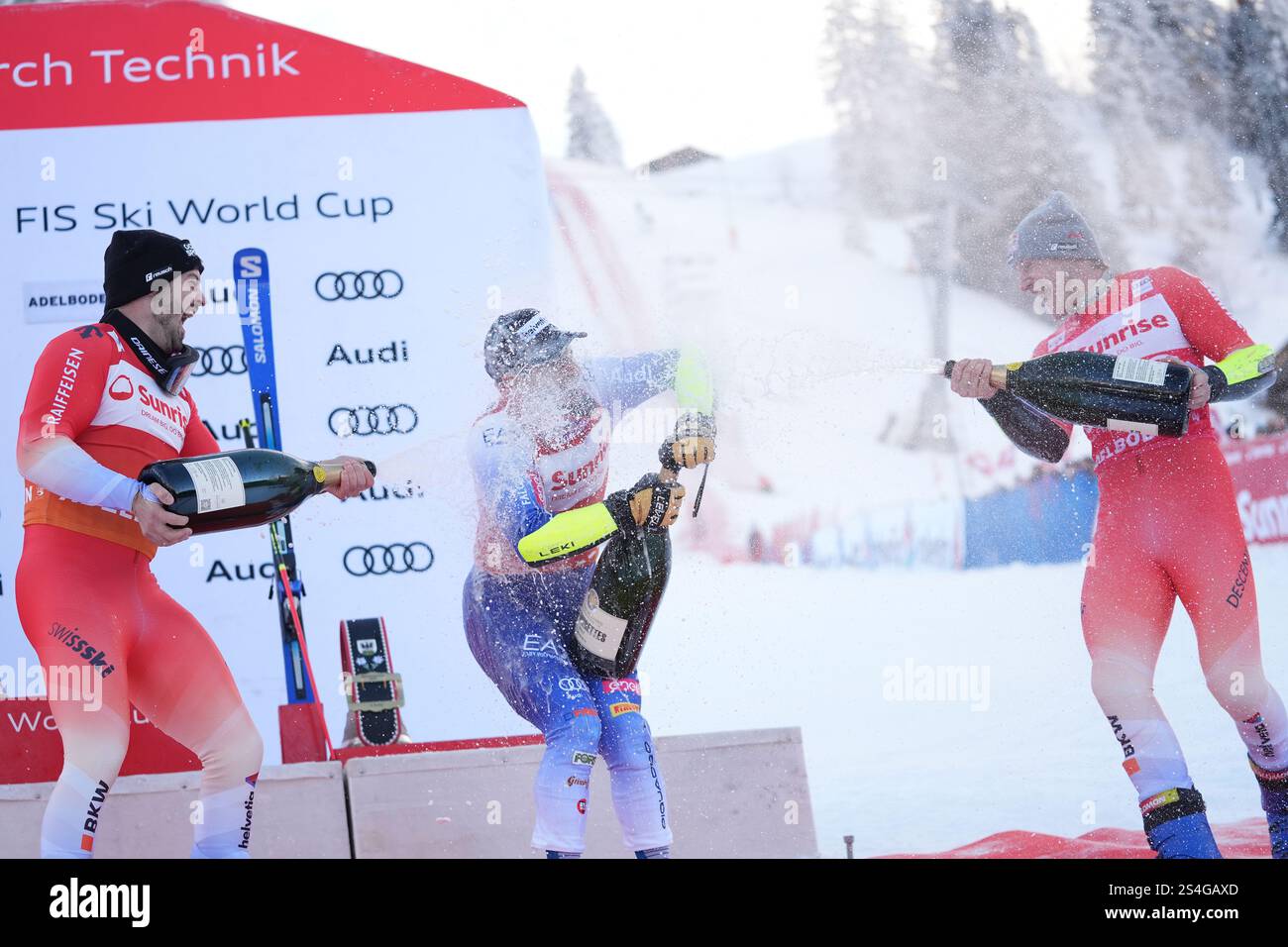 From left, second placed Switzerland's Loic Meillard, third placed ...