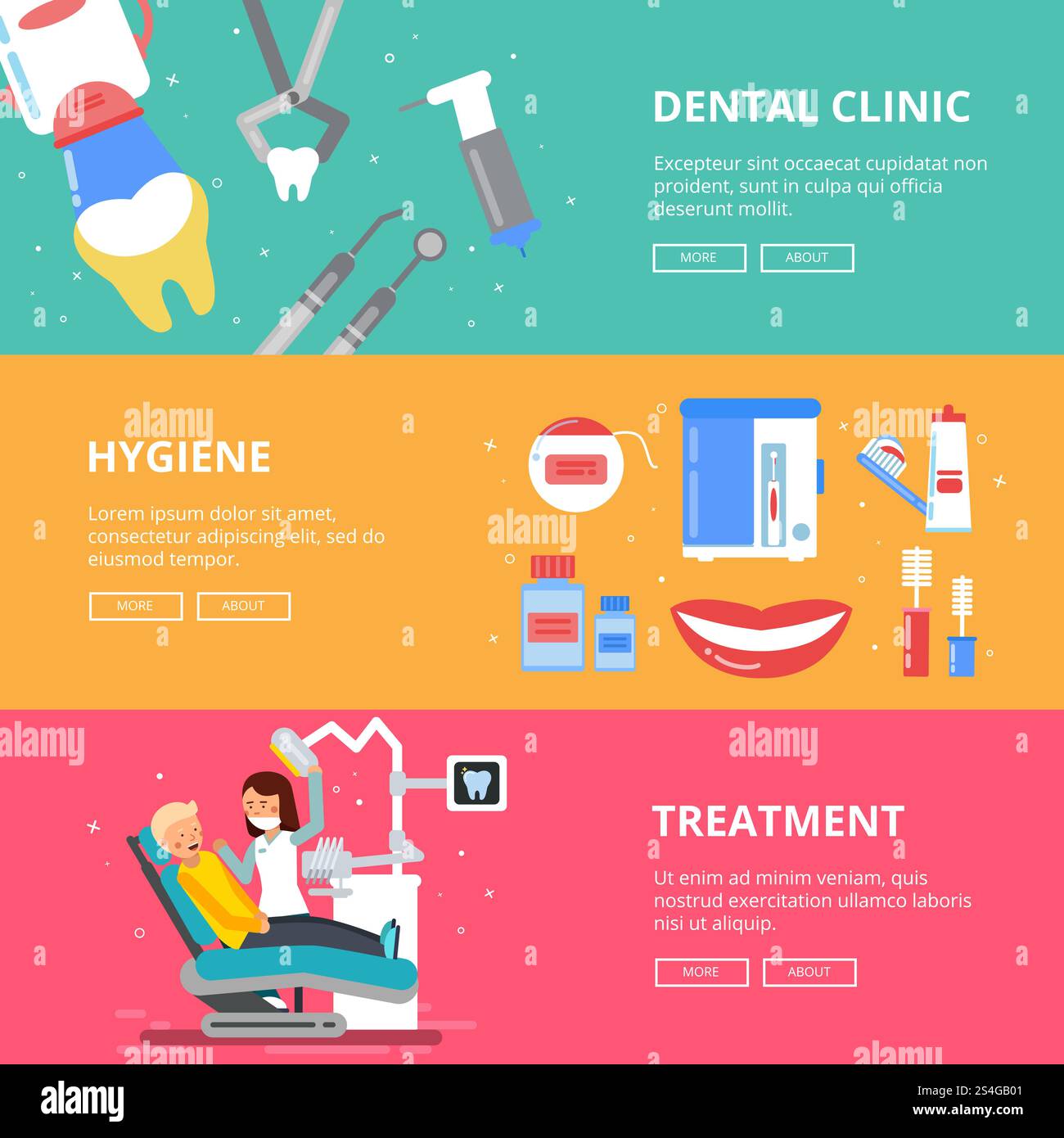 Three horizontal banners of medicine concept. Dental pictures of ...