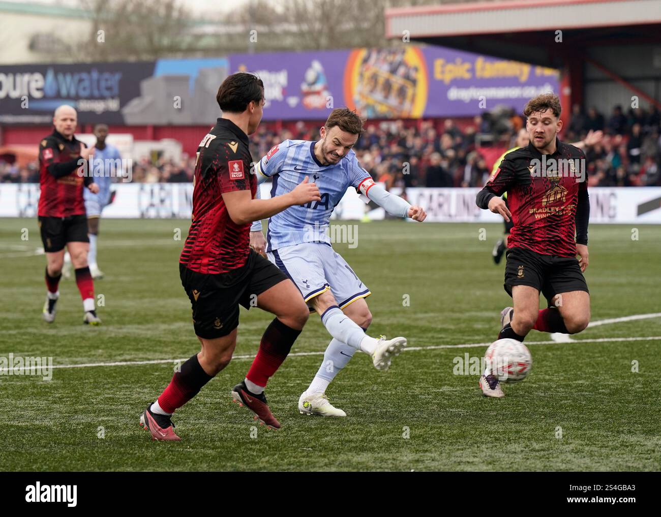 Tamworth, UK. 11th Jan, 2025. James Maddison of Tottenham takes a shot ...