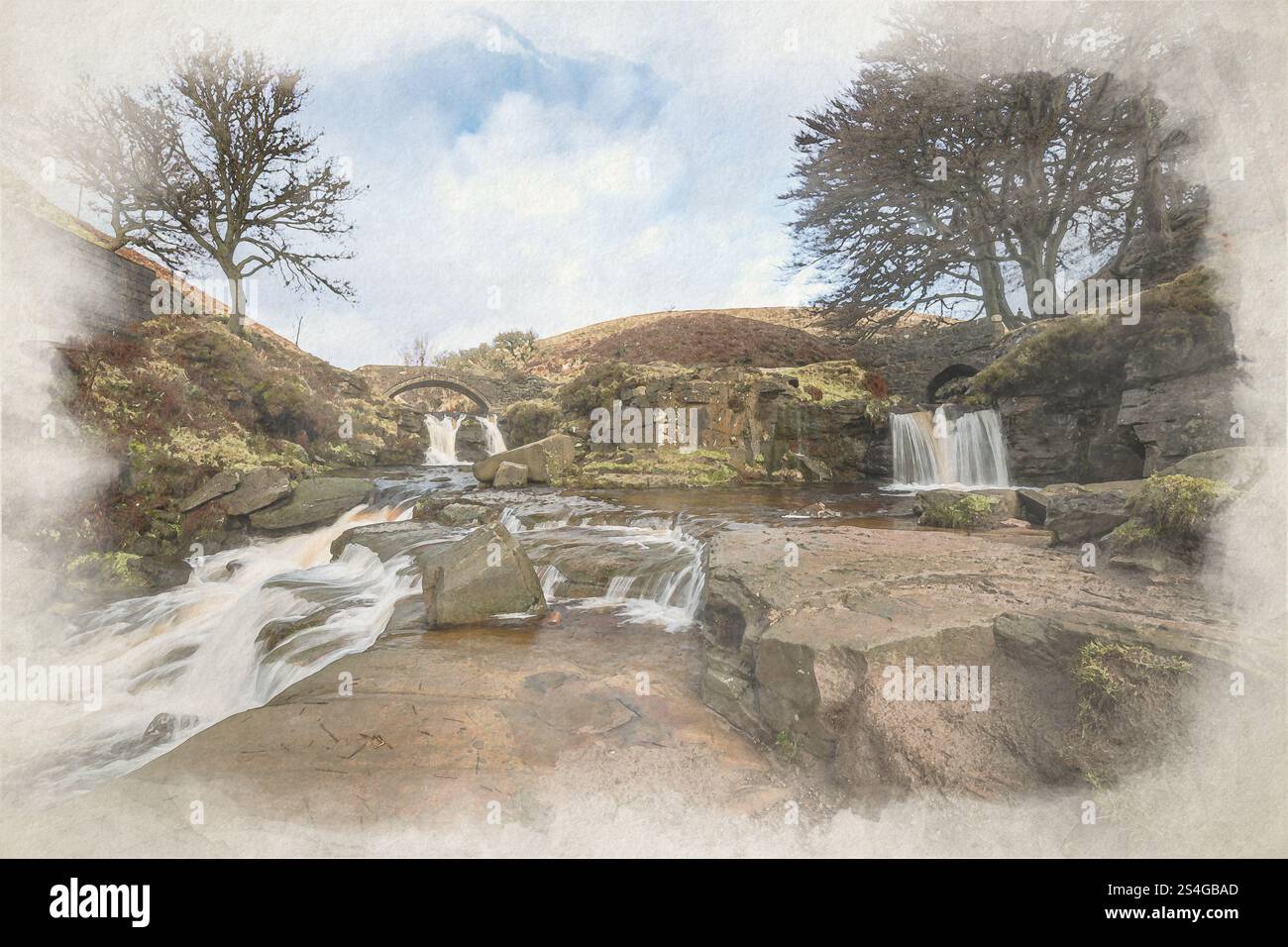 A winter watercolour digital painting of Three Shire Heads in the Peak ...