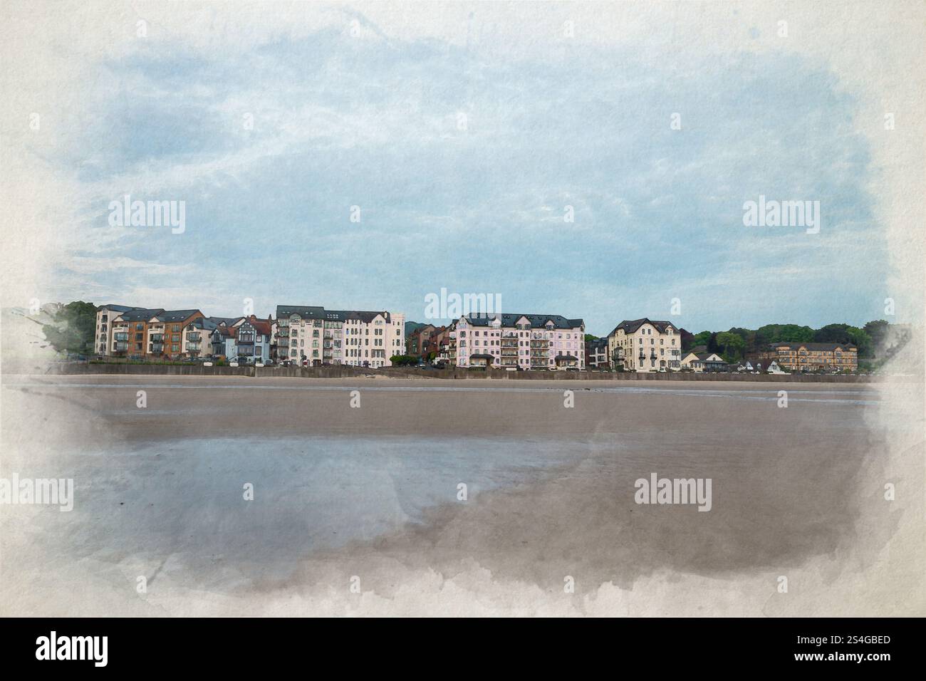 Digital watercolour painting of the beach and seafront at Rhos-on-Sea ...