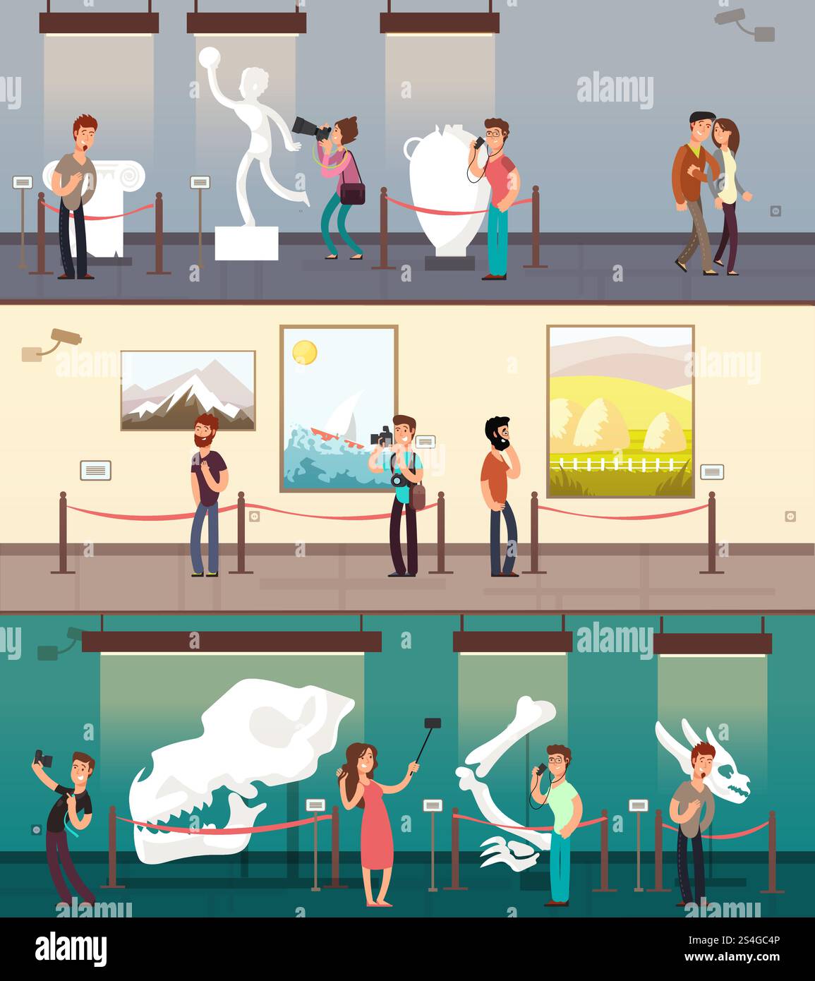 Museum gallery with art pictures, exhibit and children vector banners ...