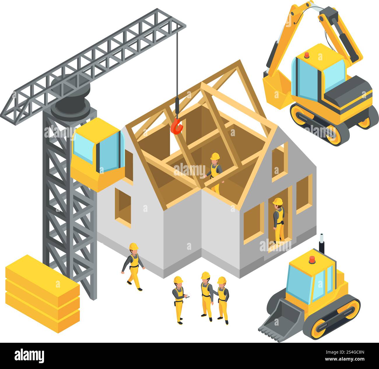 Building under construction. Isometric pictures set. Construction site development urban house ...