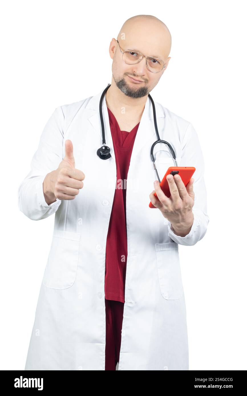 A bald male doctor with glasses wearing a white lab coat and red scrubs ...