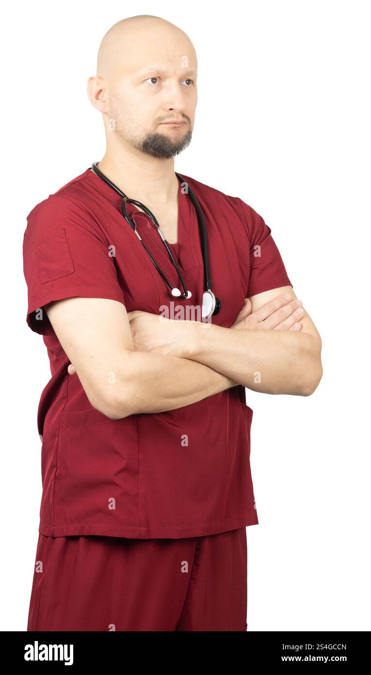 A bald male doctor with a beard, wearing red scrubs and a stethoscope ...