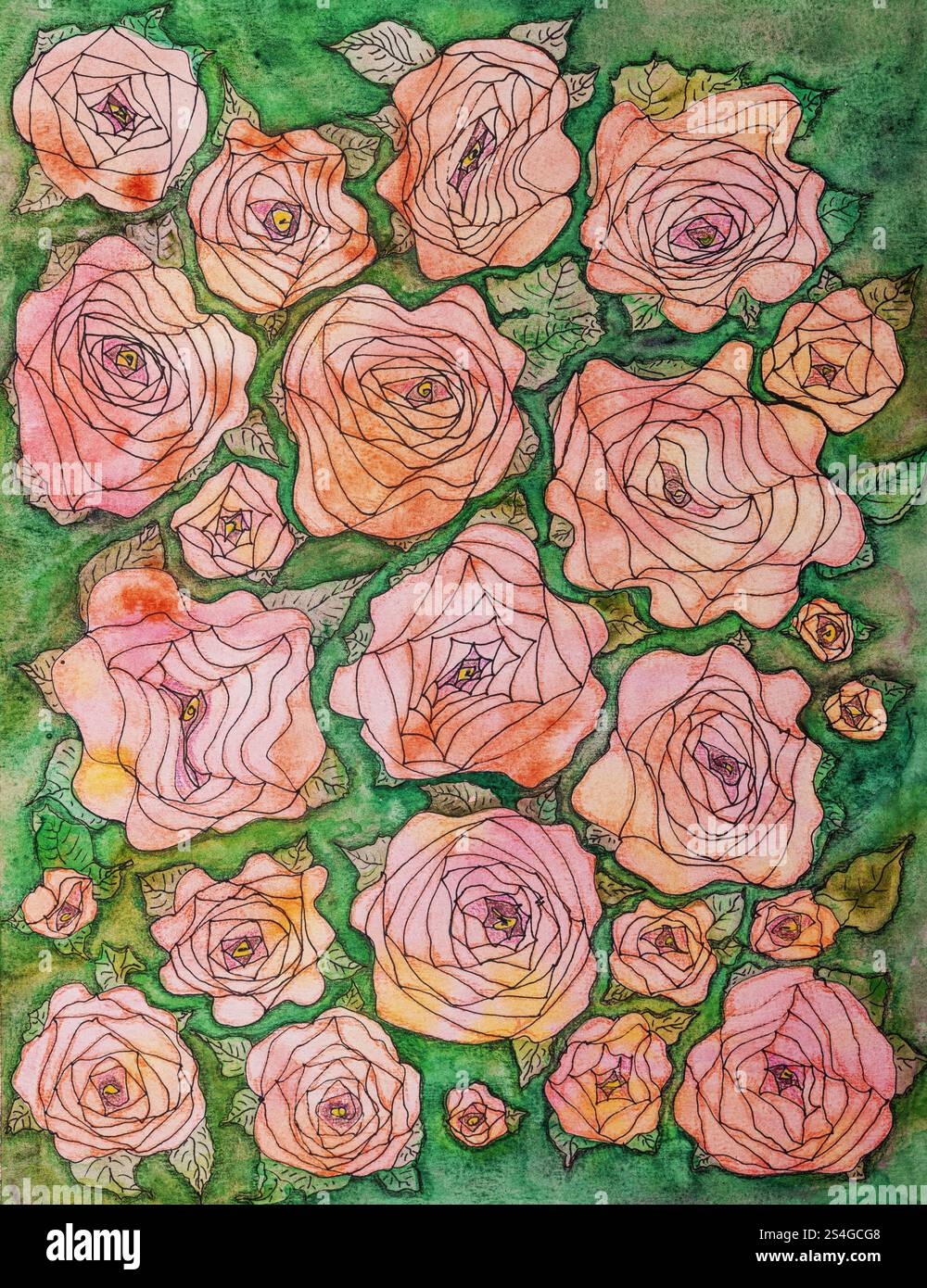 Field of beautiful roses with leaves. The dabbing technique near the ...
