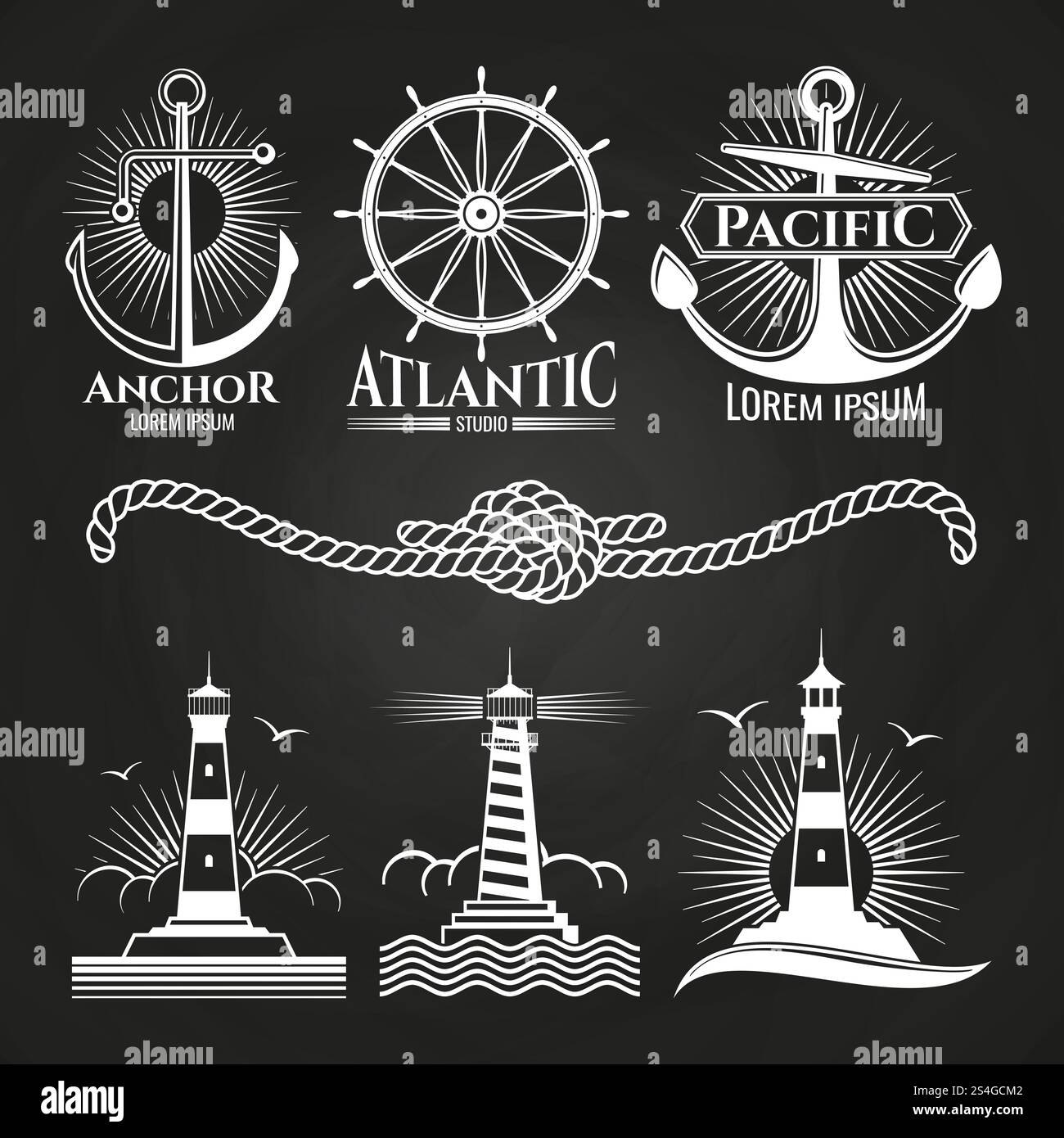 Vintage marine nautical logos and emblems with lighthouses anchors rope ...