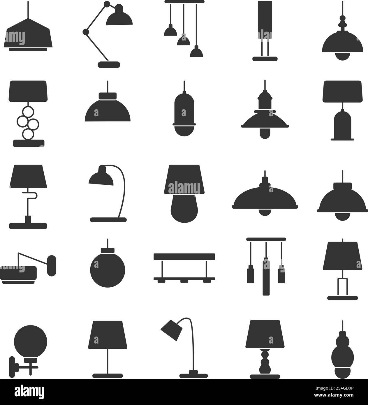 Silhouette of modern interior equipment. Chandeliers, lamps on desk and ...