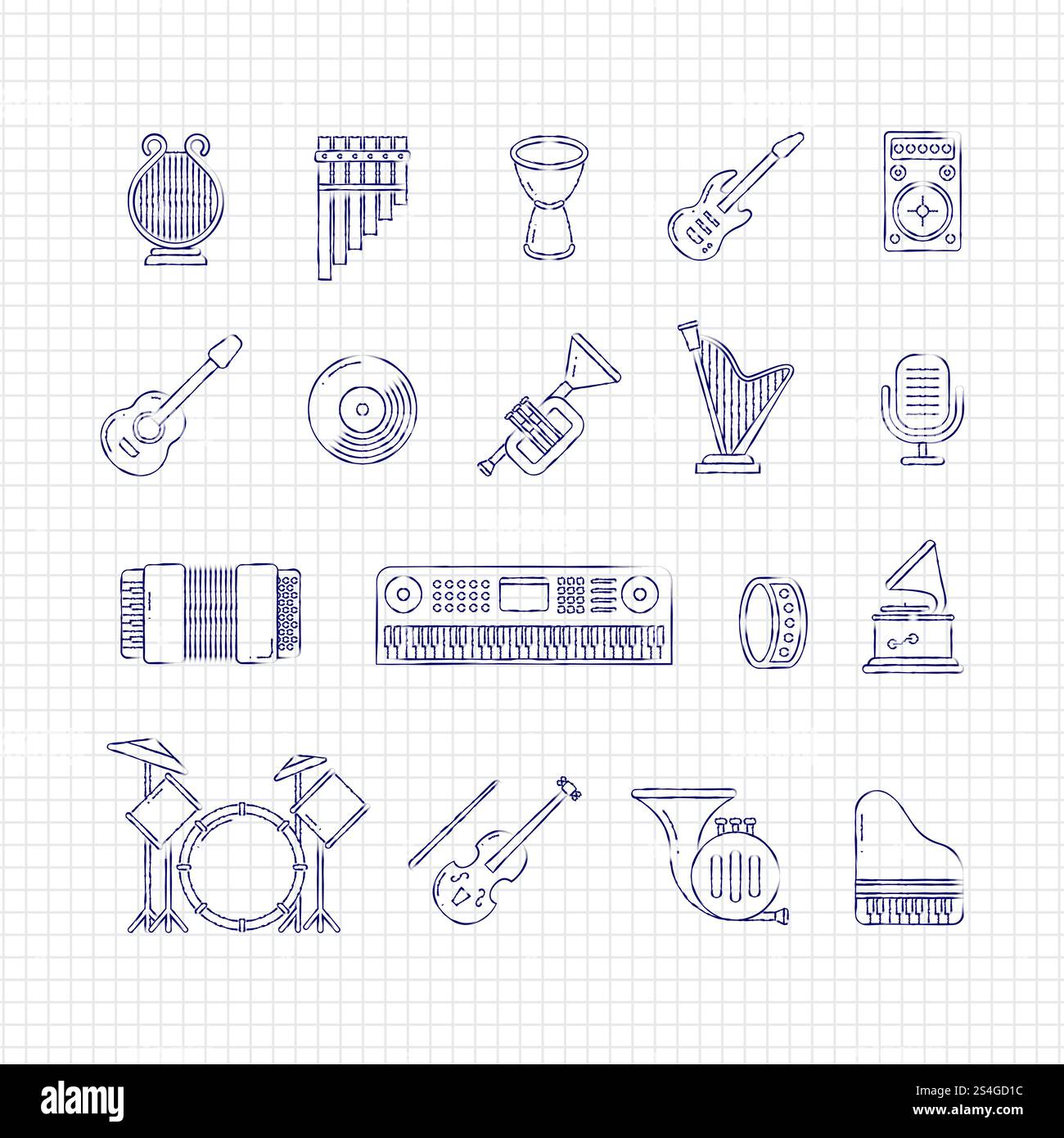 Ballpoint drawing music concert instruments thin line icons of set ...