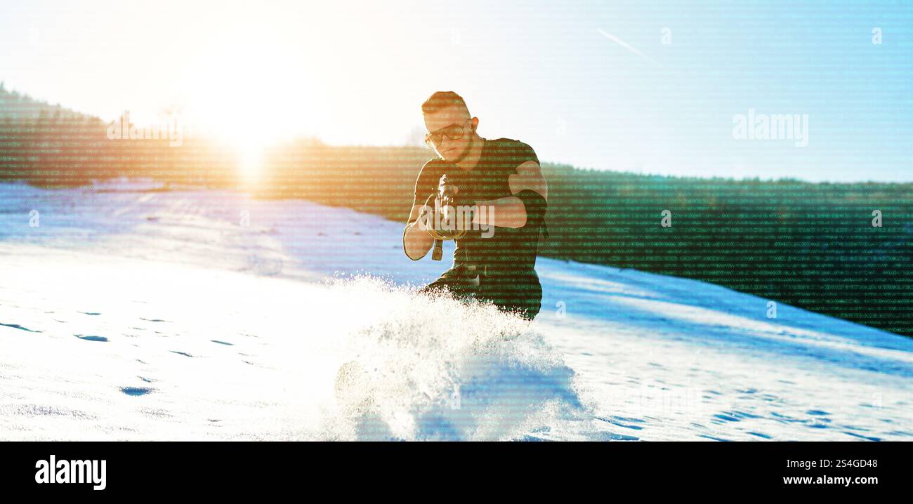 Winter arctic mountains warfare. Action in cold conditions. soldier ...