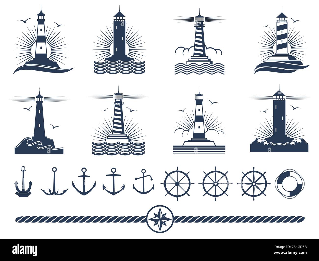 Nautical logos and elements set - anchors lighthouses rope. Vector ...