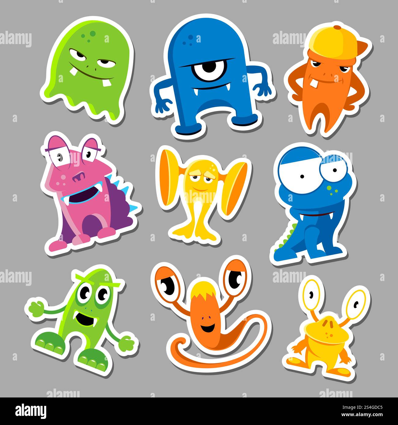 Set of cute monsters stickers. Collection of color funny monsters ...