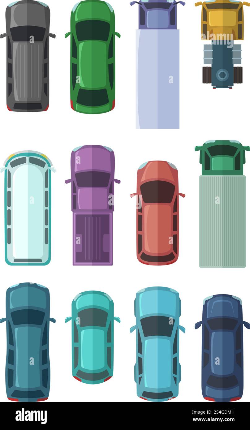 Different roofs of automobiles in the city. Top view cars. Vector ...