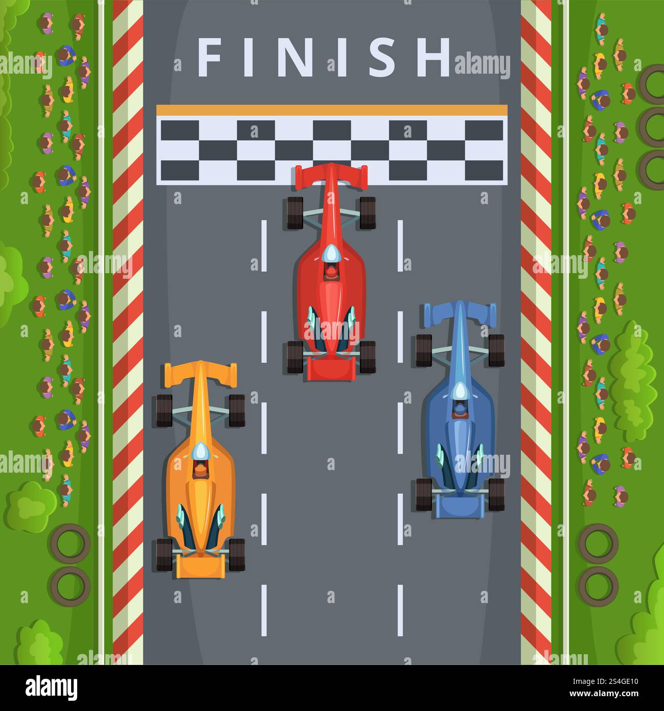 Racing cars on finish line. Top view racing illustrations. Vector ...