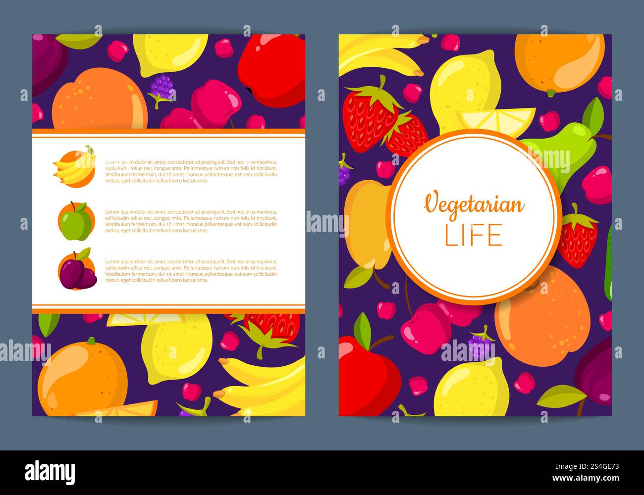 Vector flat fruits vegan card, brochure, flyer template banner ...