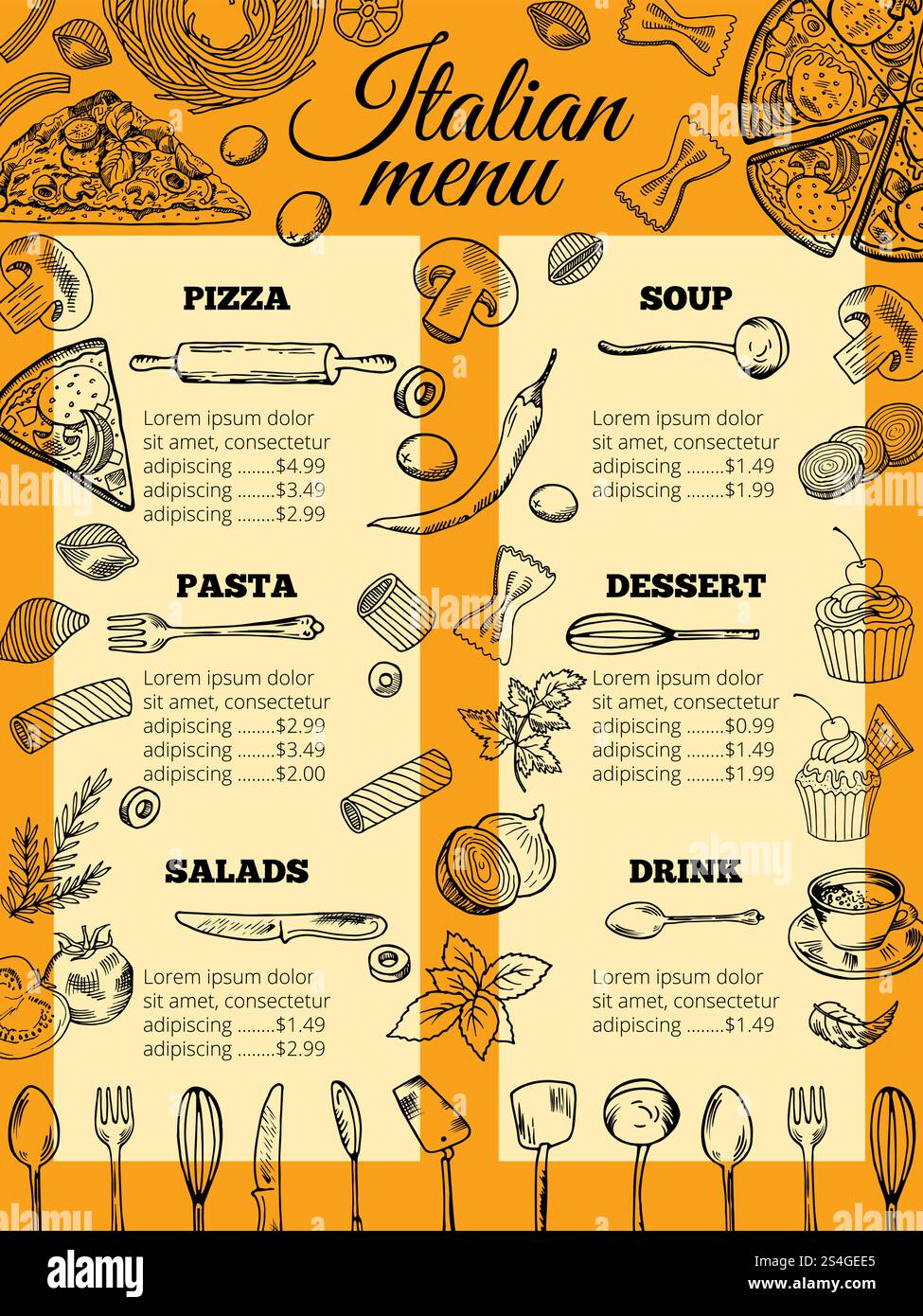 Italian food menu of different pasta and pizza. Design template for ...