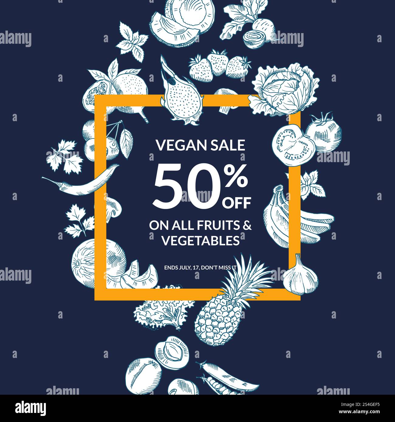 Vector sketched fruits and vegetables sale background with bold frame ...