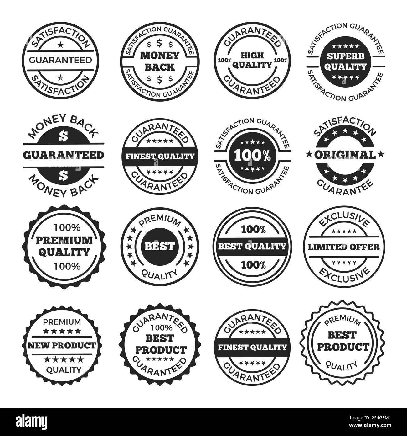 Guarantee badges and logos design set. Vector monochrome pictures with place for your text ...