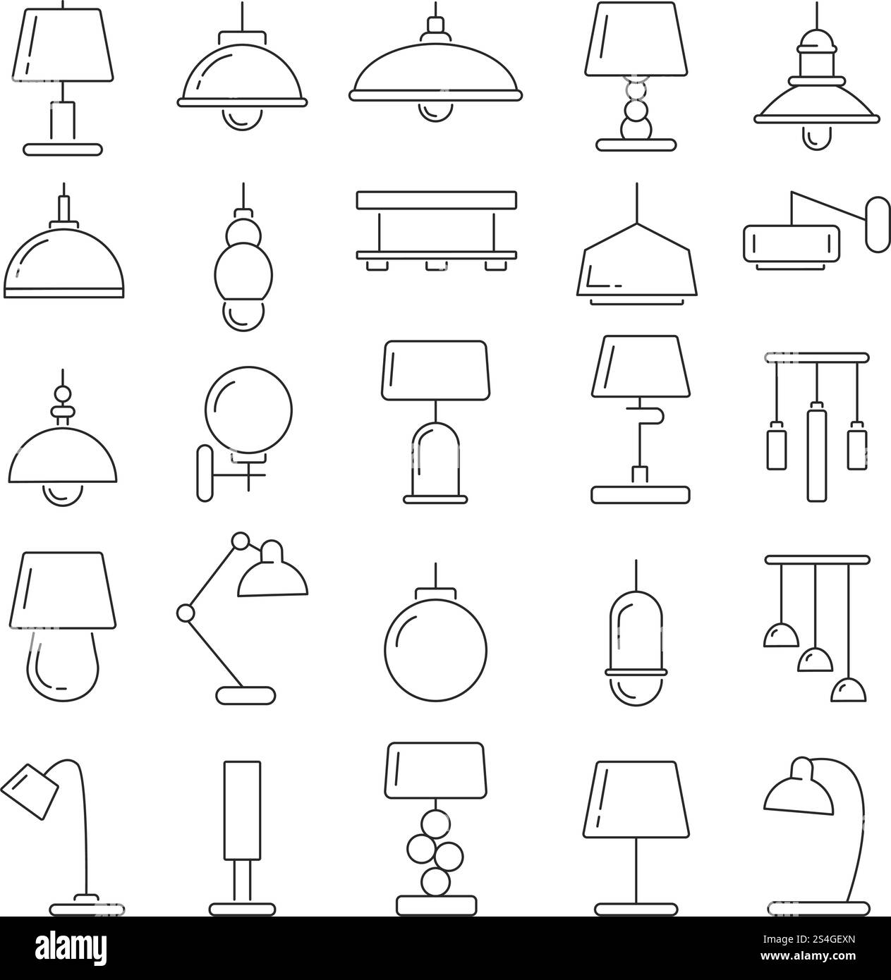 Different modern lamps. Vector illustrations in linear style. Home or ...