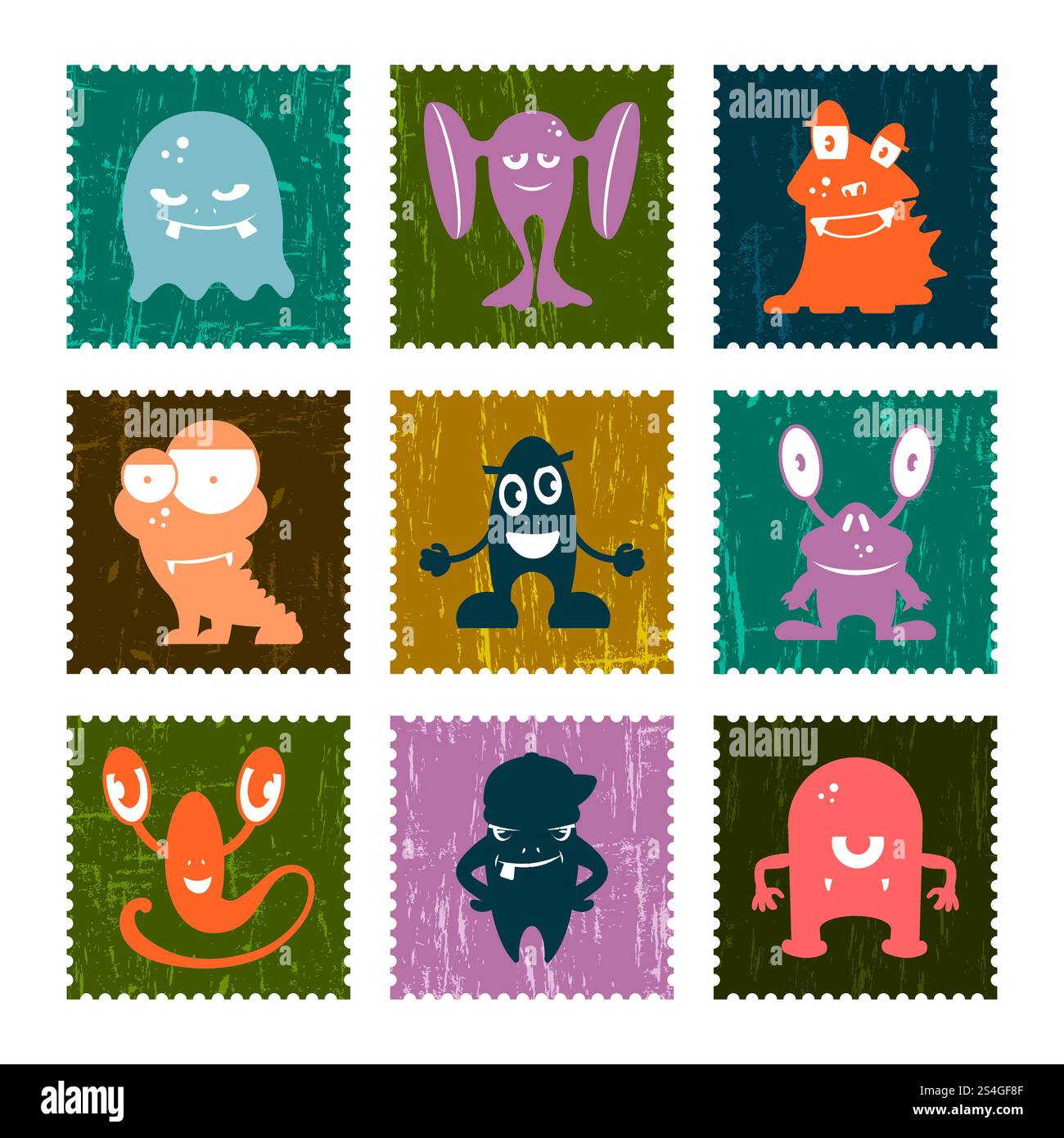 Set of retro postage stamp with funny monsters. Vector set illustration ...