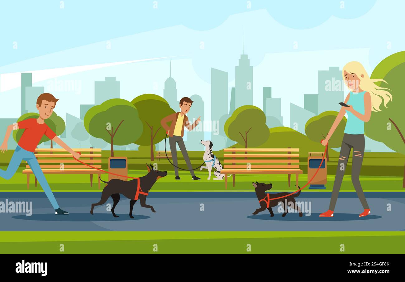 People walking with dogs in urban park. Vector landscape in cartoon ...